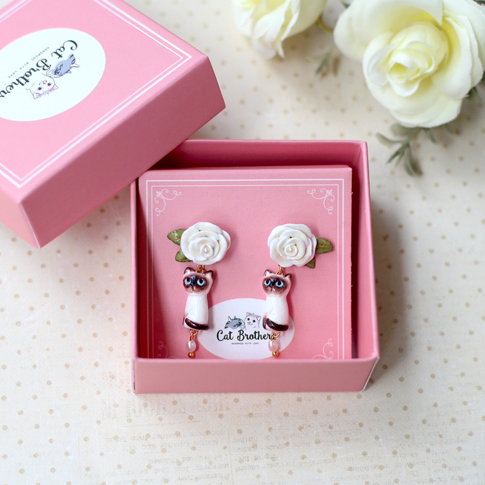 Charming Siamese Cat With White Rose Earrings, Siamese Cat Dangle ...