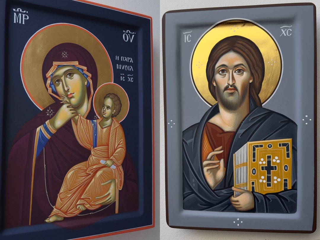 Zwei Paar Ikonen: Mutter Gottes und Jesus Christus, handgemalte Ikonen ...