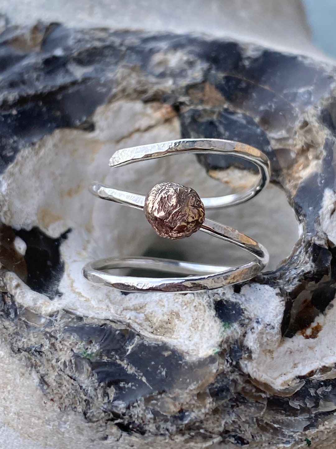 Triple Stack Ring,wrap Silver Ring, Bronze Dot Ring, Hammered Silver ...