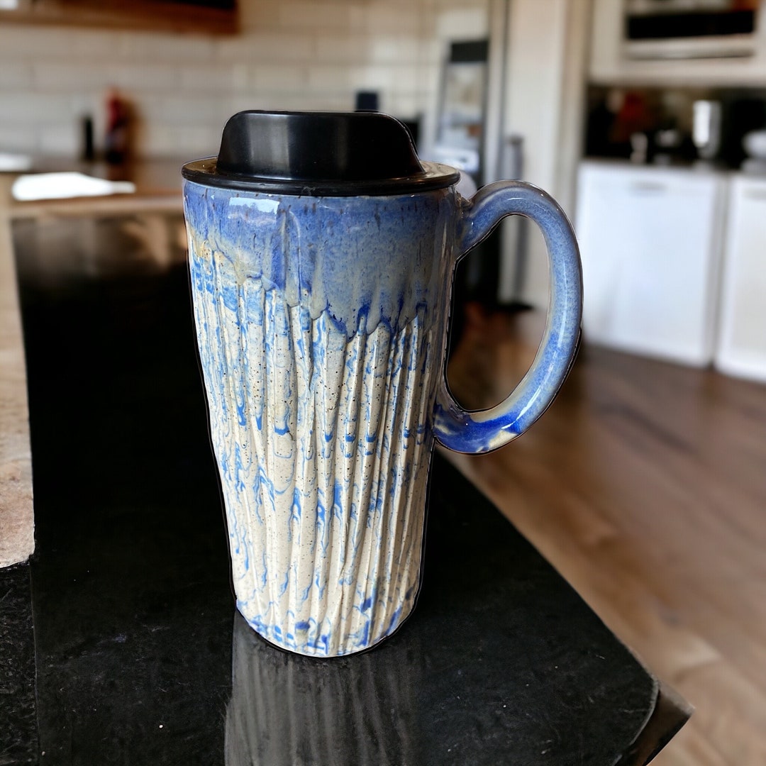 Blue and White Heavily Fluted Agateware Handmade 16-ounce Travel Mug ...