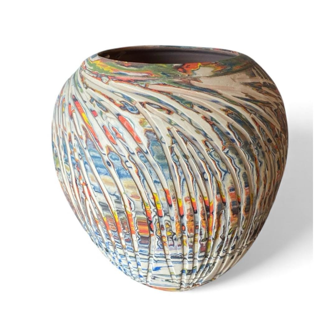 Large Hand Thrown Carved Agateware Rainbow Pottery Vase Unique Ceramic ...