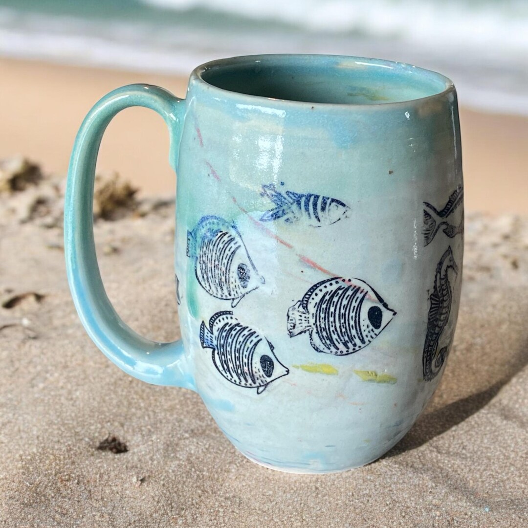 Large Handmade Mug With a School of Fish 18 Ounce Unique Pottery Coffee ...