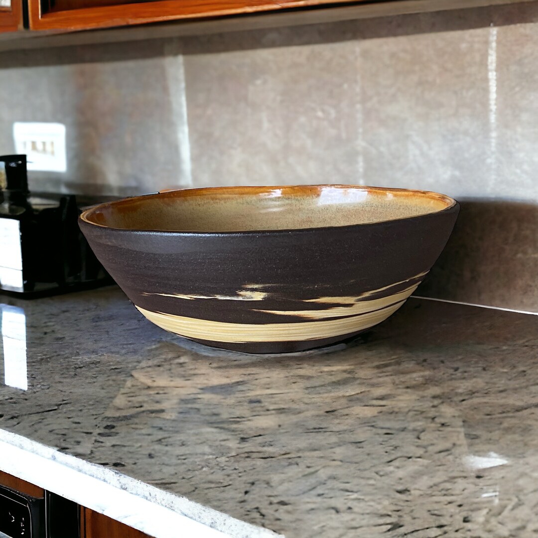 Elegant Black & Gold Agateware Pottery Bowl: Large Serving Centerpiece ...