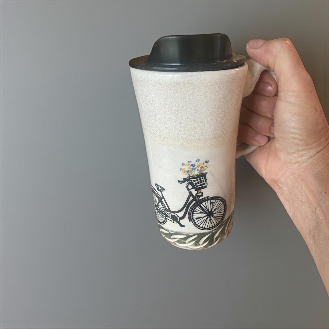 Handcrafted Floral Bicycle Ceramic Travel Mug: 16 Oz Stoneware Coffee ...
