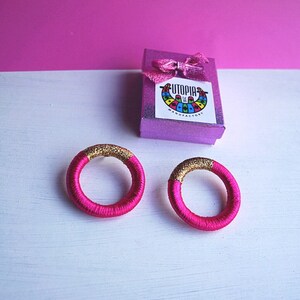 Colorful Earrings, Thread Wrapped Statement Earrings Fiber Earrings, Round Earrings, Crescent ...