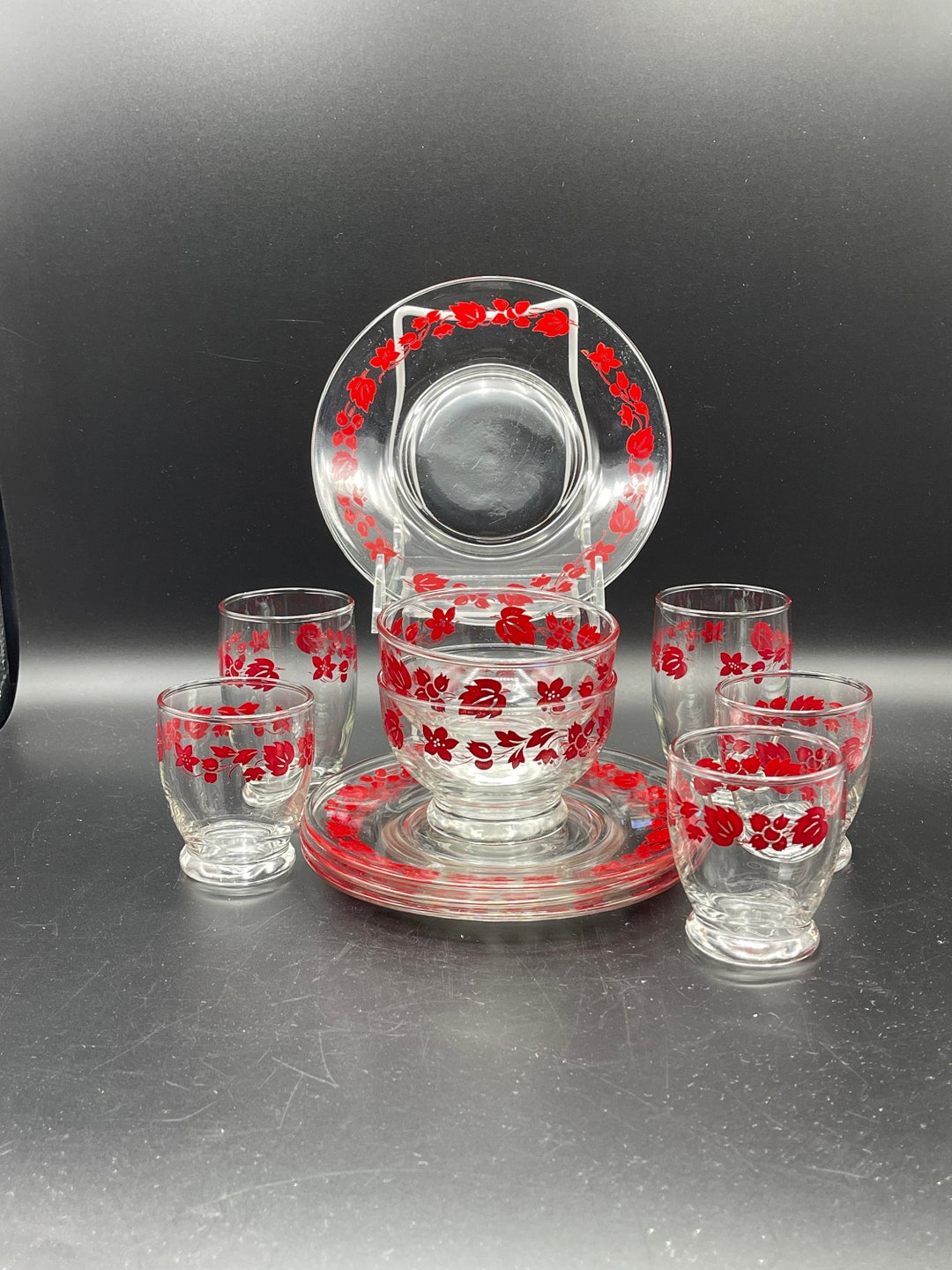 Vintage Libbey Breakfast Set for 2 - Red Floral Design - Etsy