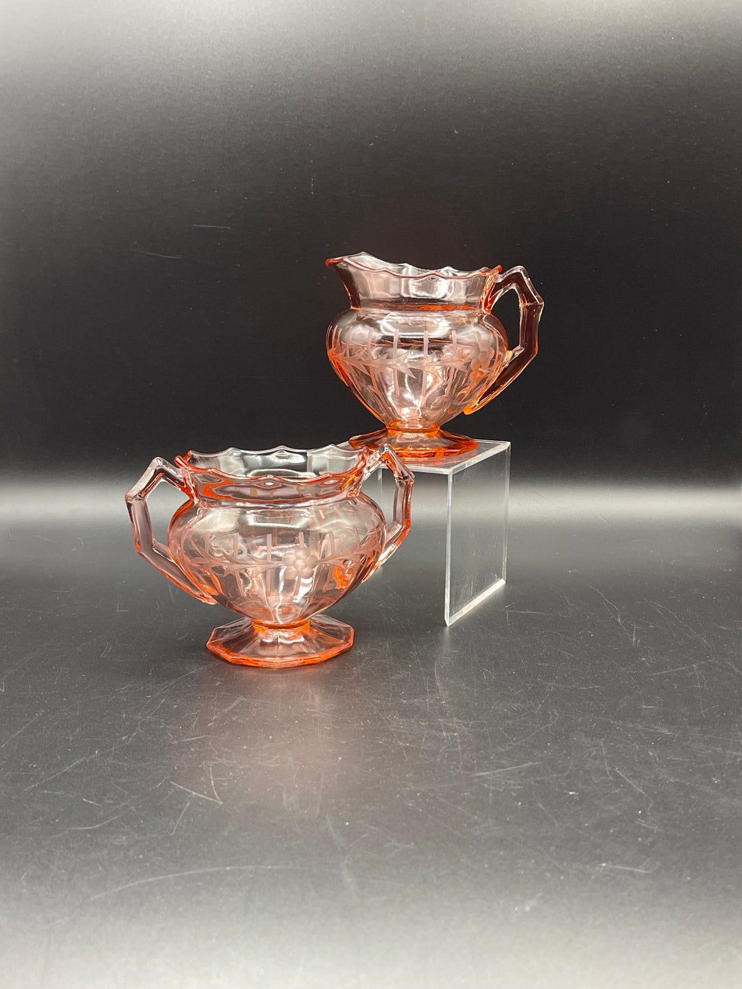 Vintage Pink Decagon Cream and Sugar Set Cambridge Glass Co. Cutting - Etsy