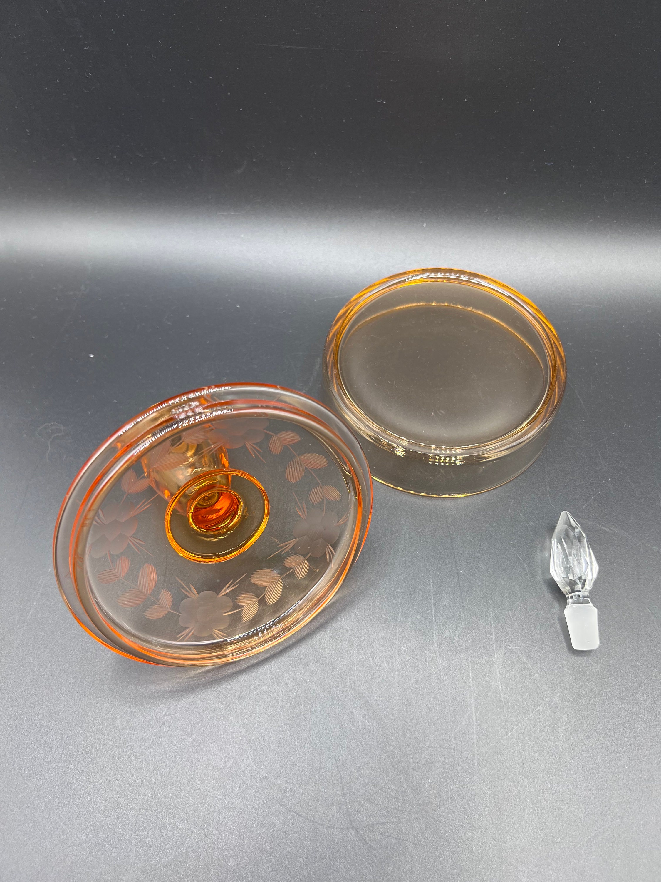 Vintage Perfume & Puff Box Fostoria Amber With Etch - Etsy