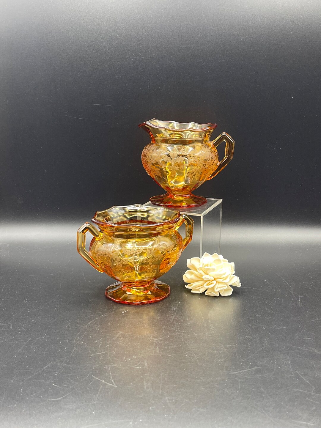 Vintage Decagon With Lorna Etch Creamer and Sugar Set - Amber ...
