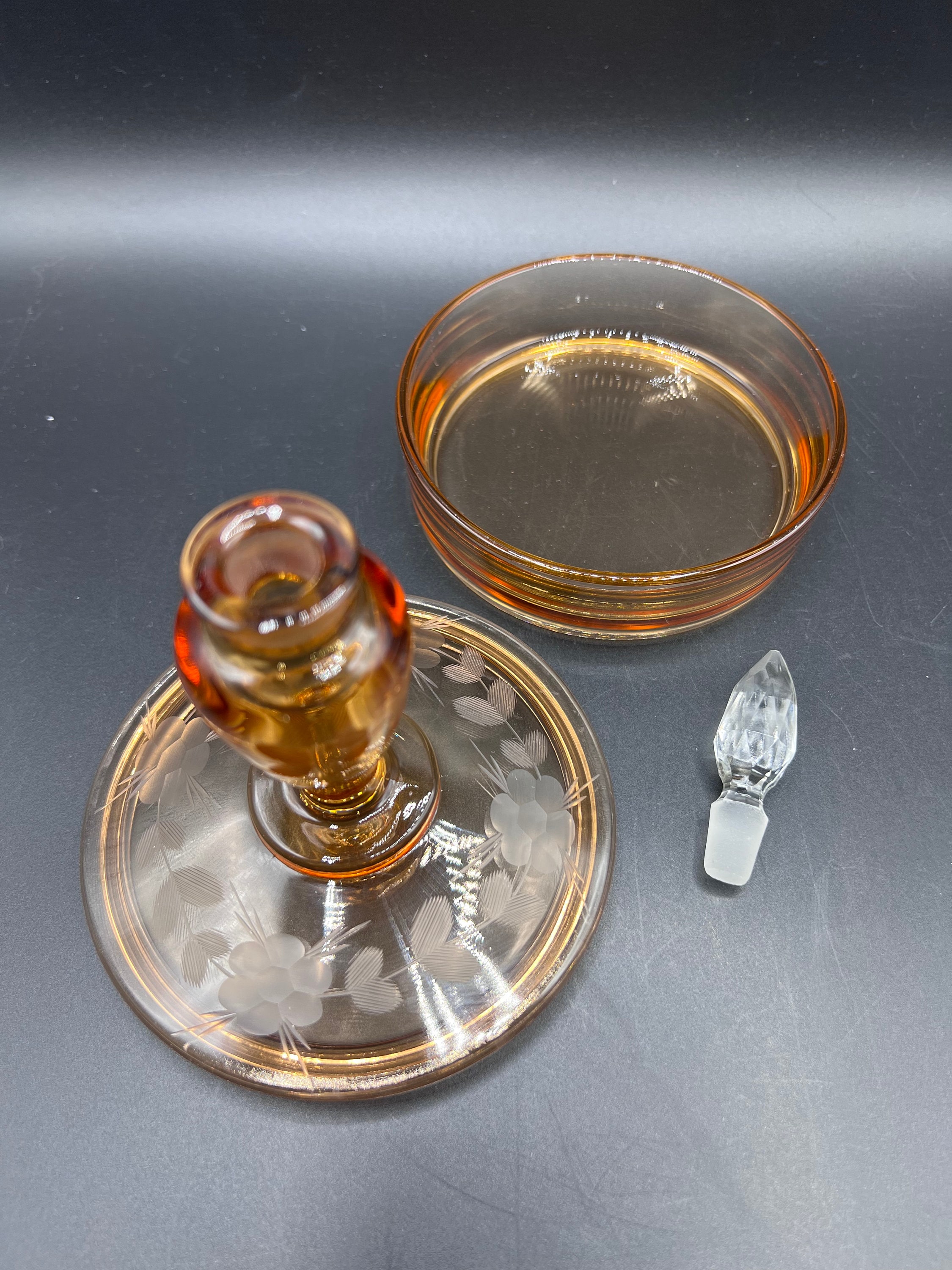 Vintage Perfume & Puff Box Fostoria Amber With Etch - Etsy