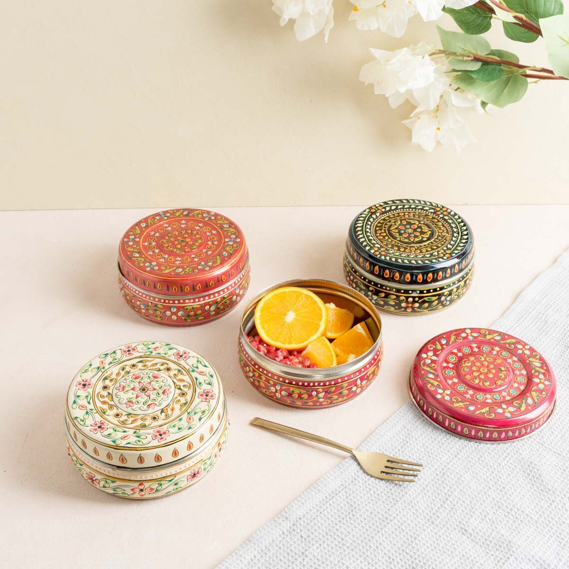 Steel Food Container With Lid Enamel Coated Hand Painted / Colourful ...