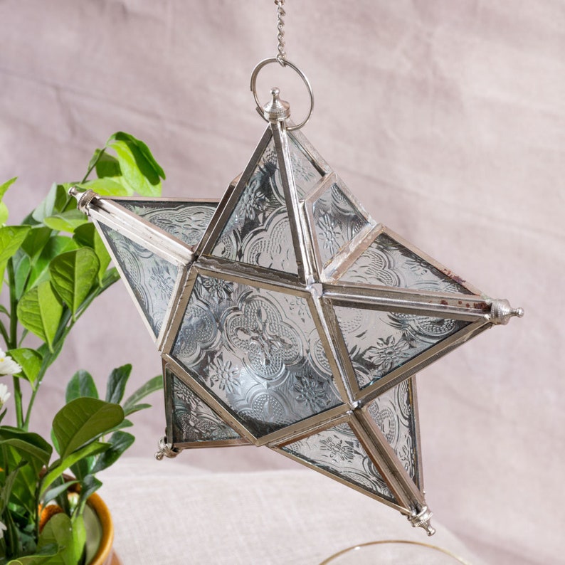 Glass Star Lantern 'tara' / Tealight Lantern With Clear Embossed Glass ...