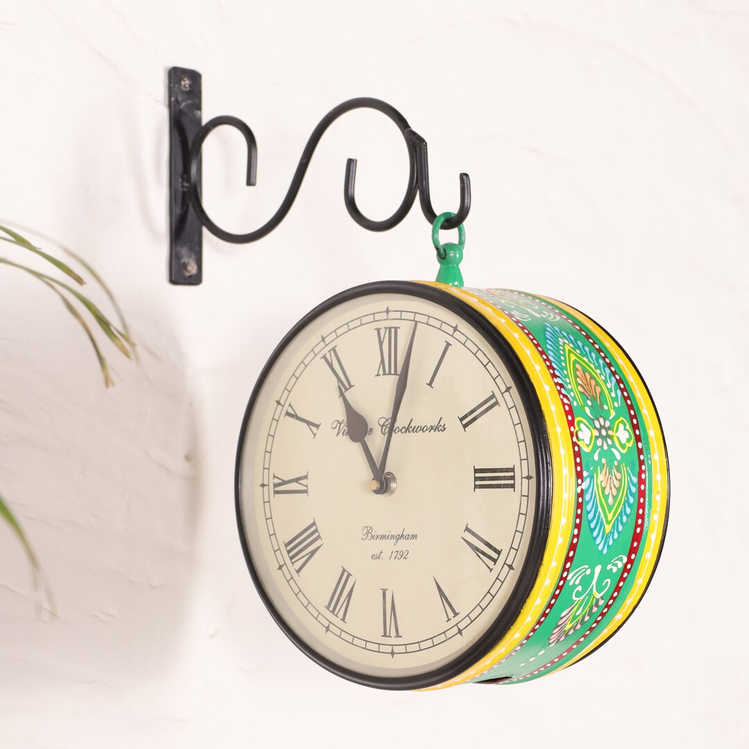 Green Hand-painted Railway Clock / Vintage-inspired Green Metal Clock ...