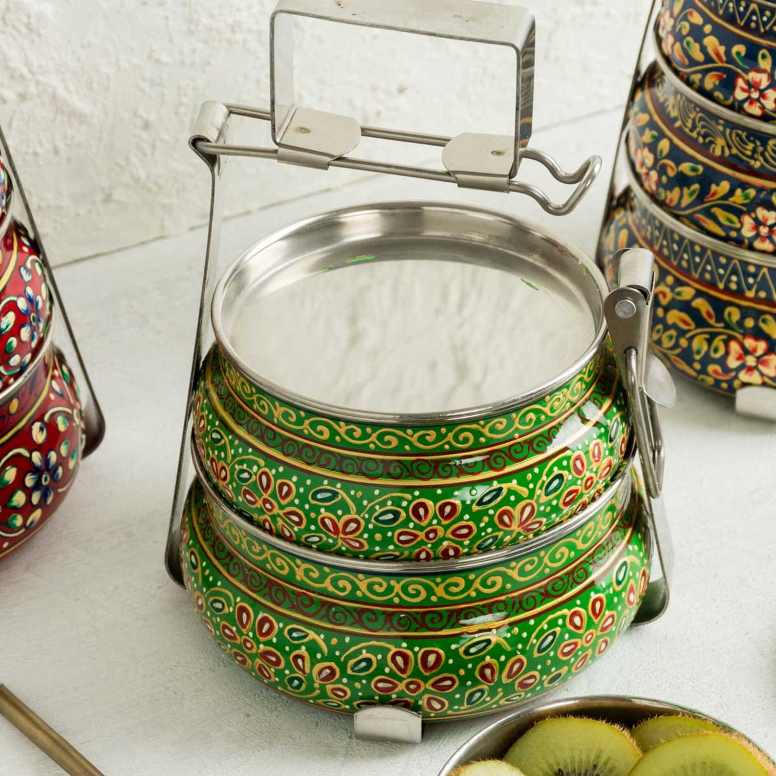 Tiffin Box With Three Tiers / Steel and Enamel Food Container Stackable ...