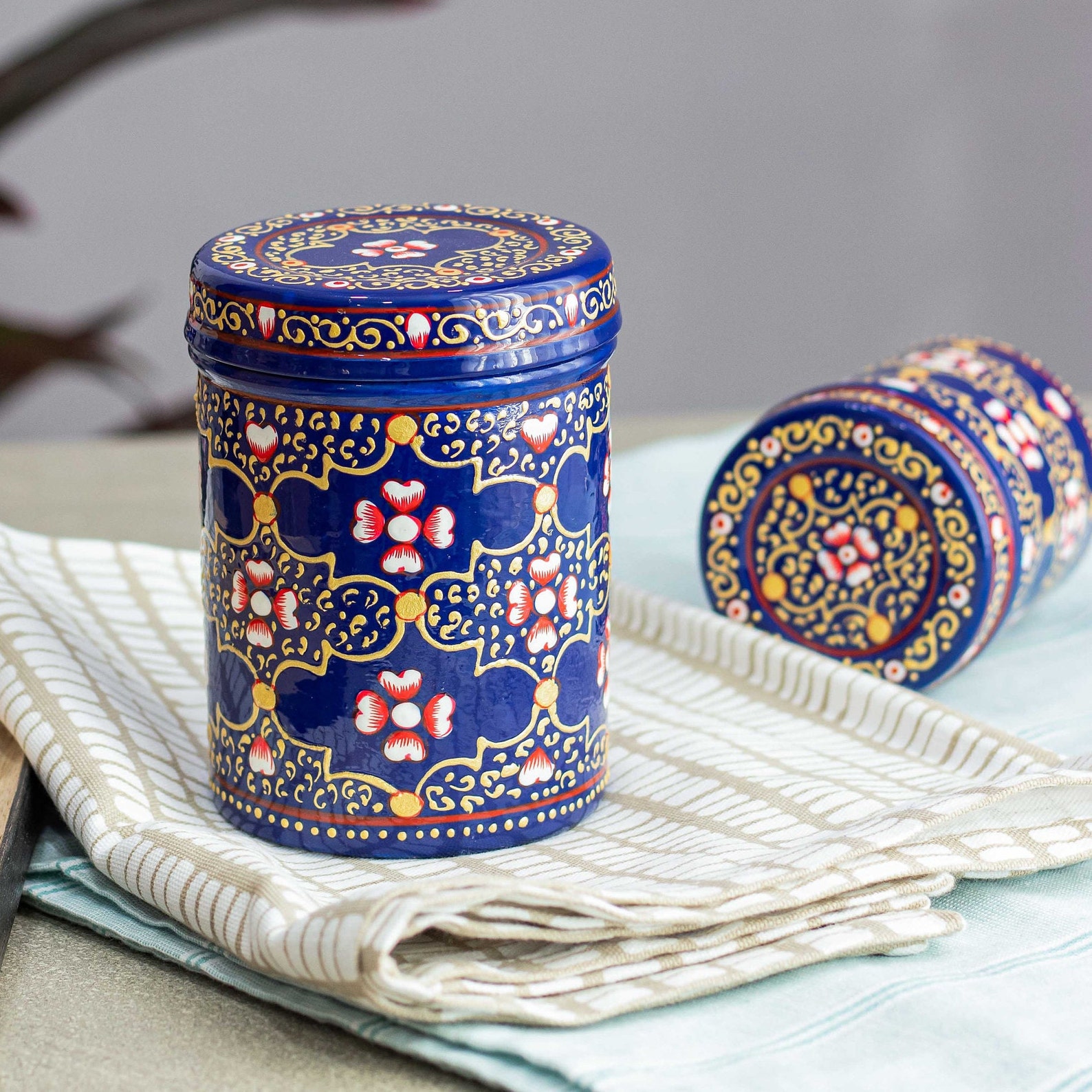 Steel Tins Enamel-coated Hand-painted Red, Green or Blue / Handmade ...