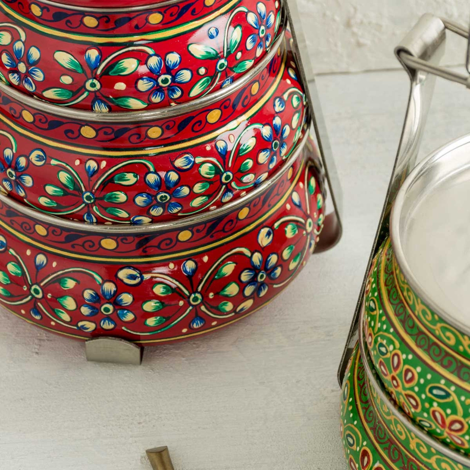 Tiffin Box With Three Tiers / Steel and Enamel Food Container Stackable ...