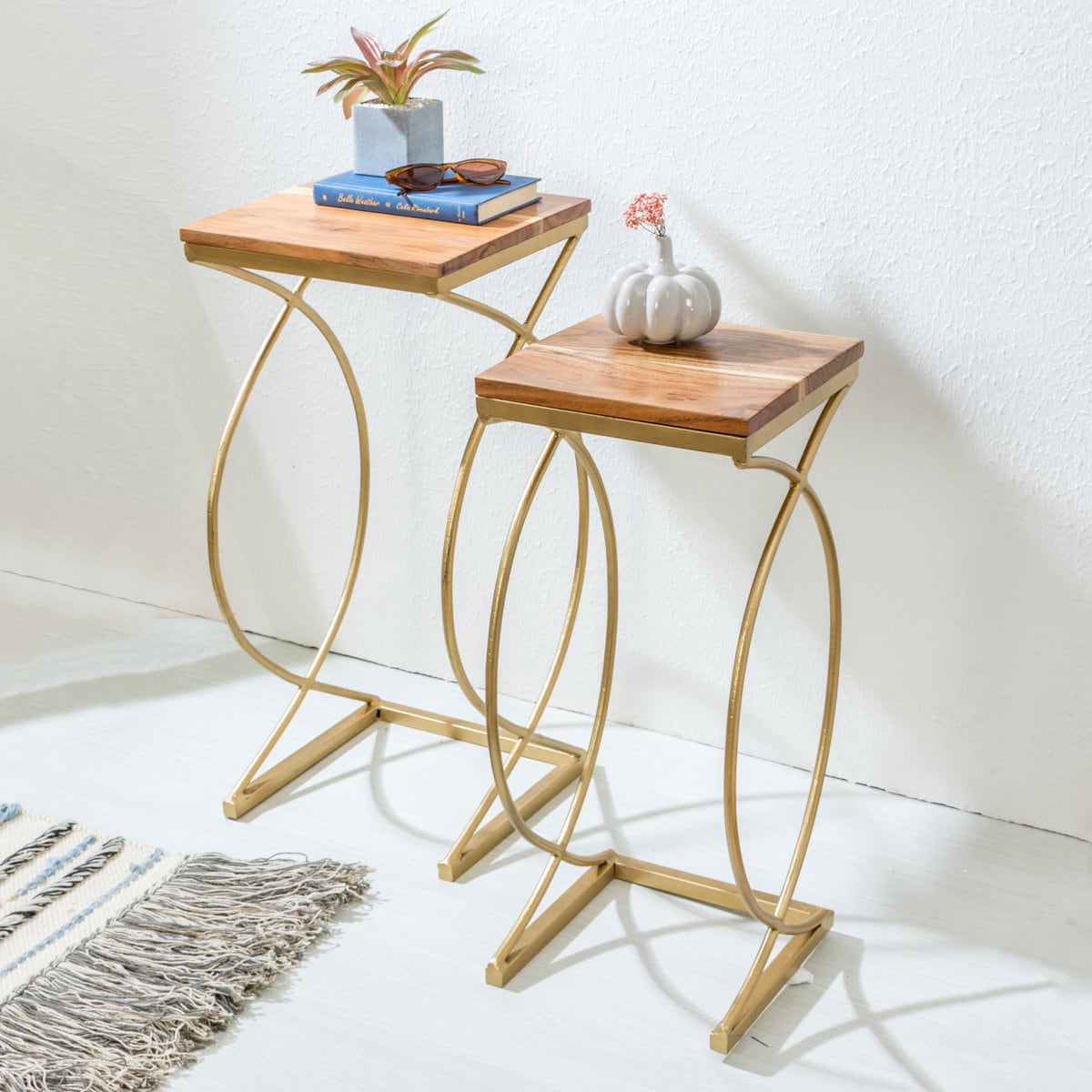 Elegant Side Tables With Wooden Top and Metal Frame - Etsy UK