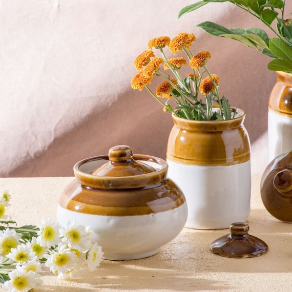 Ceramic Pot With Lid Dual Colour Brown and White / Handmade - Etsy