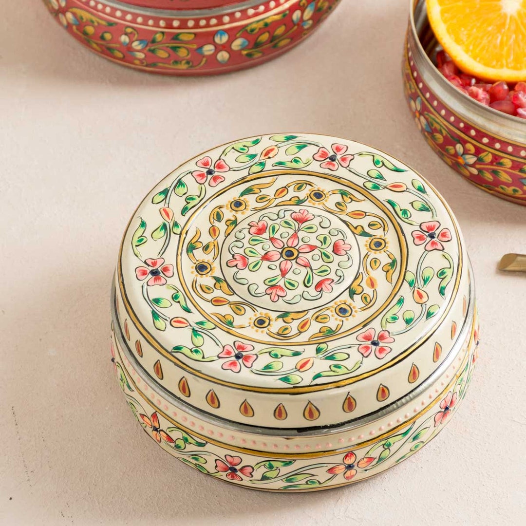 Steel Food Container With Lid Enamel Coated Hand Painted / Colourful ...