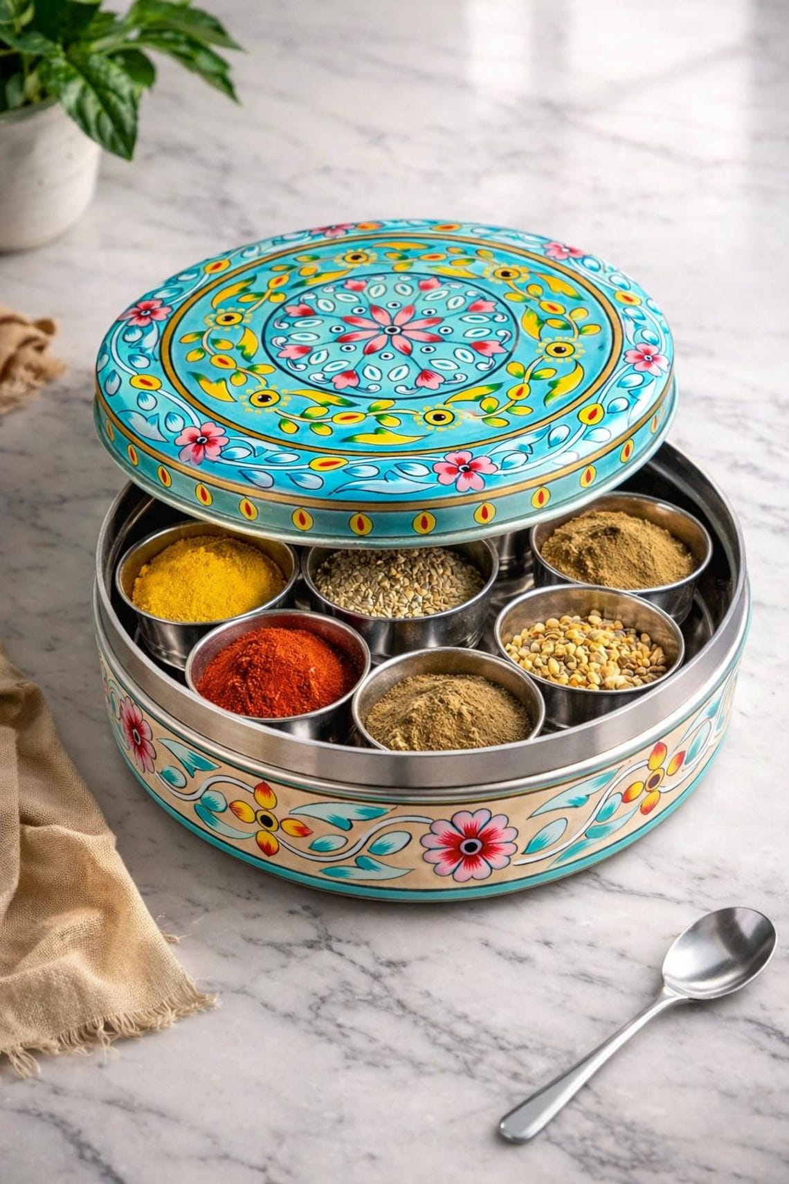 New 7 Inch Hand-painted Masala Dabba – Stainless Steel Indian Spice Box ...