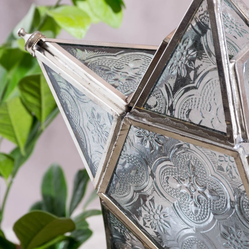 Glass Star Lantern 'tara' / Tealight Lantern With Clear Embossed Glass ...