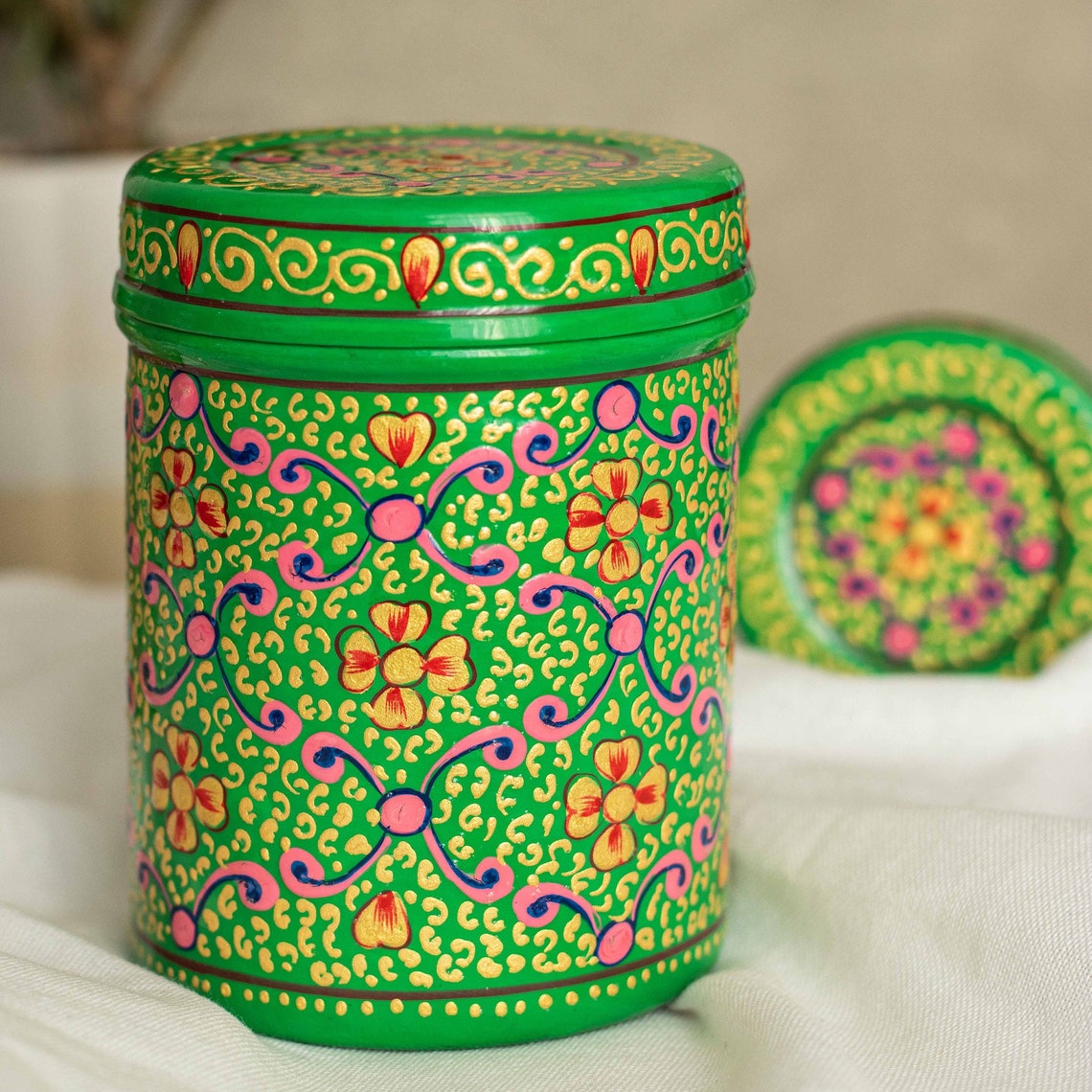 Steel Tins Enamel-coated Hand-painted Red, Green or Blue / Handmade ...