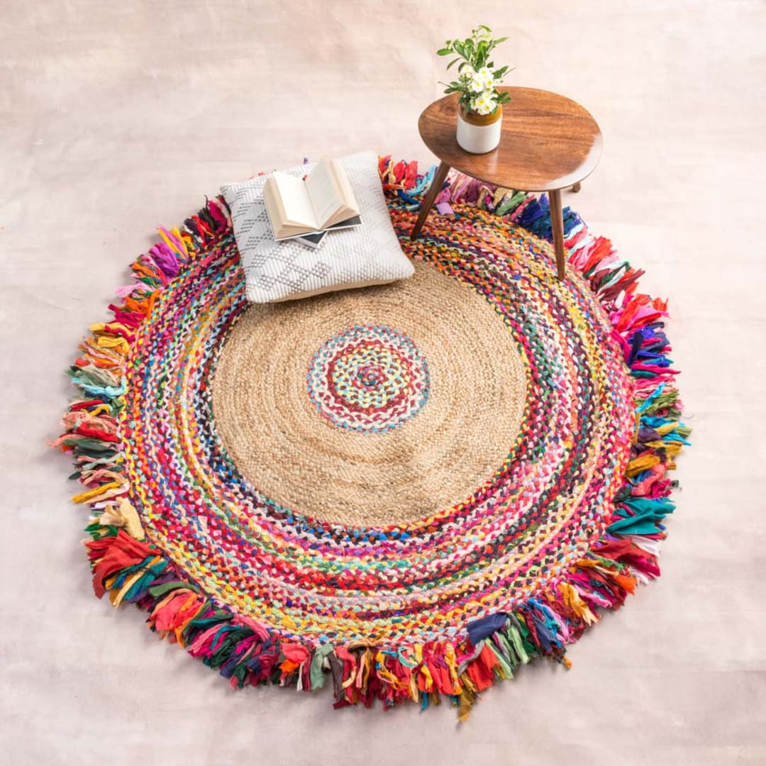 Large Round Area Rug 5ft Made From Recycled Materials With Fringe ...