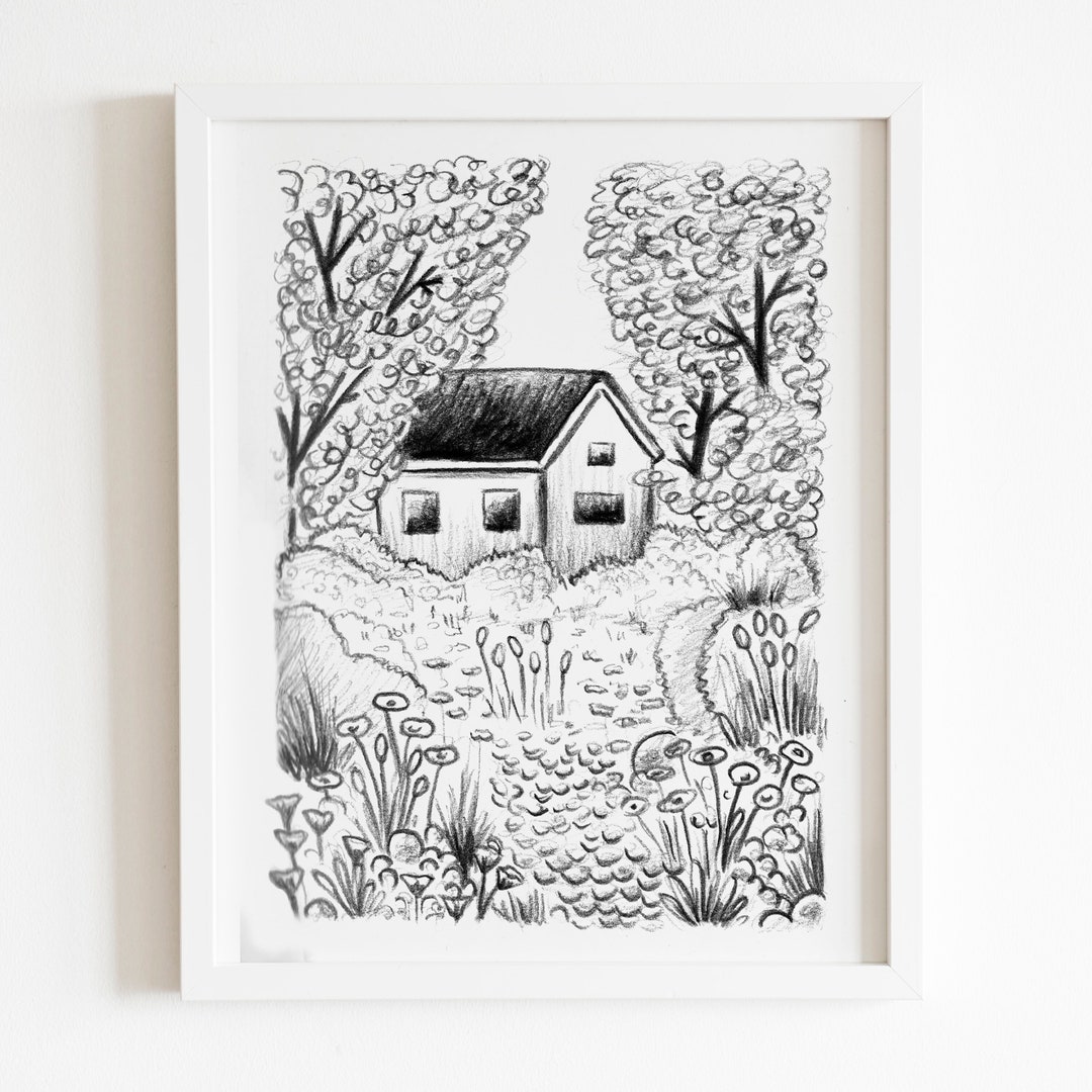 Cosy Cottage Art Print | Cottagecore Print | Sketchy Pencil House Art ...