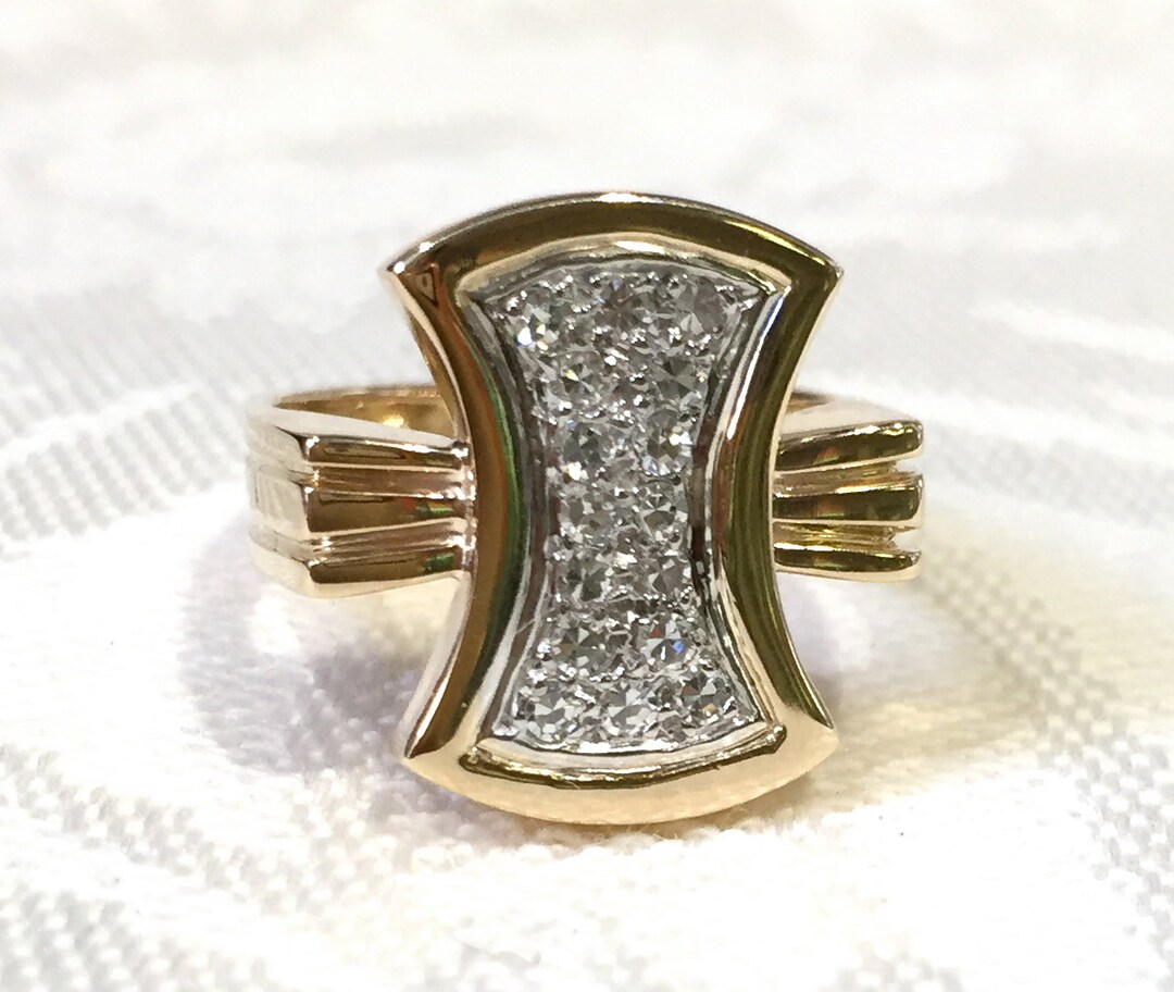 Diamond Right Hand Ring, 14K Yellow Gold Two Tone Diamond Geometric ...