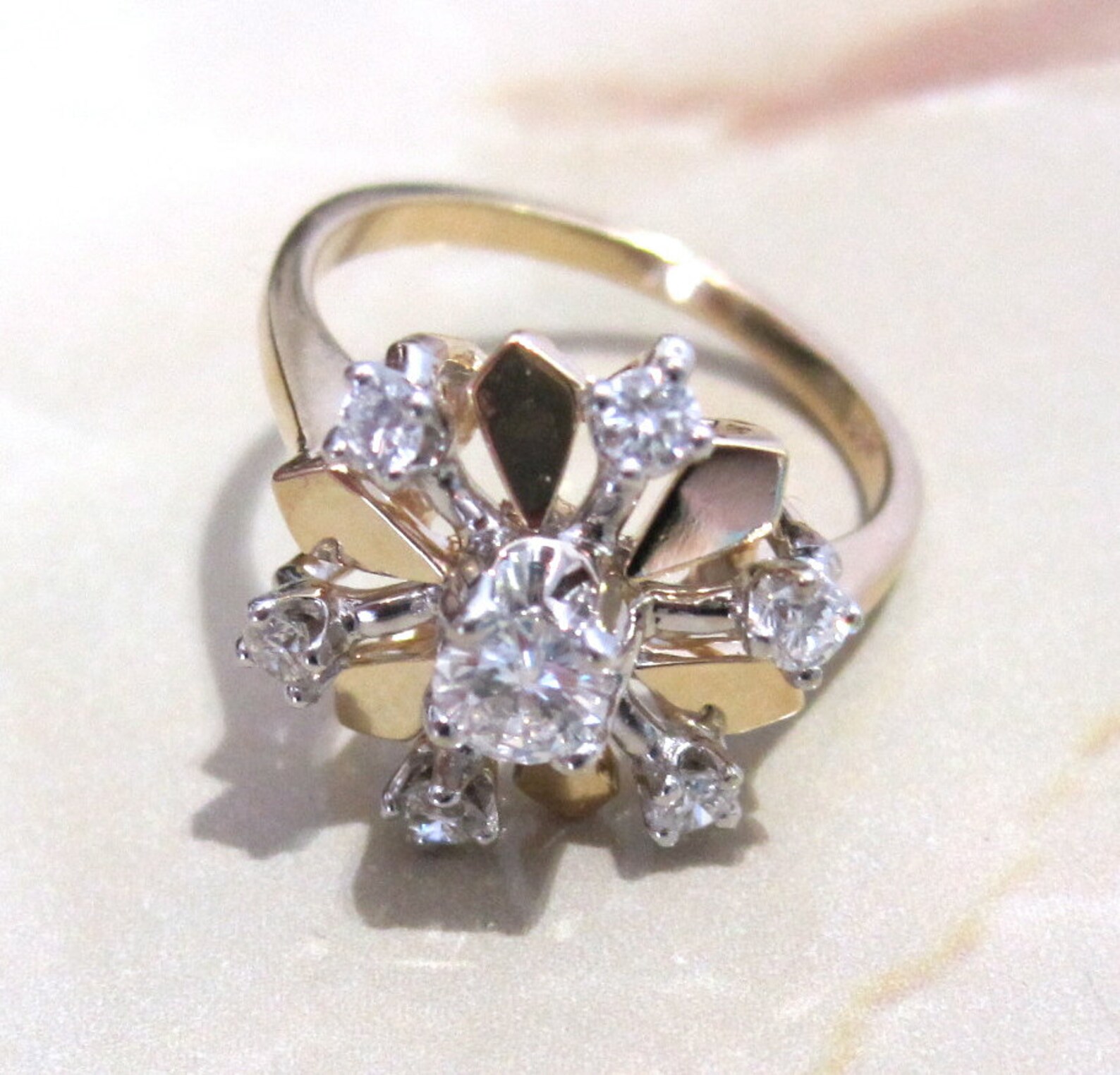 Diamond Flower Style Ring, 14K Yellow Gold and White Gold ,retro 7 ...