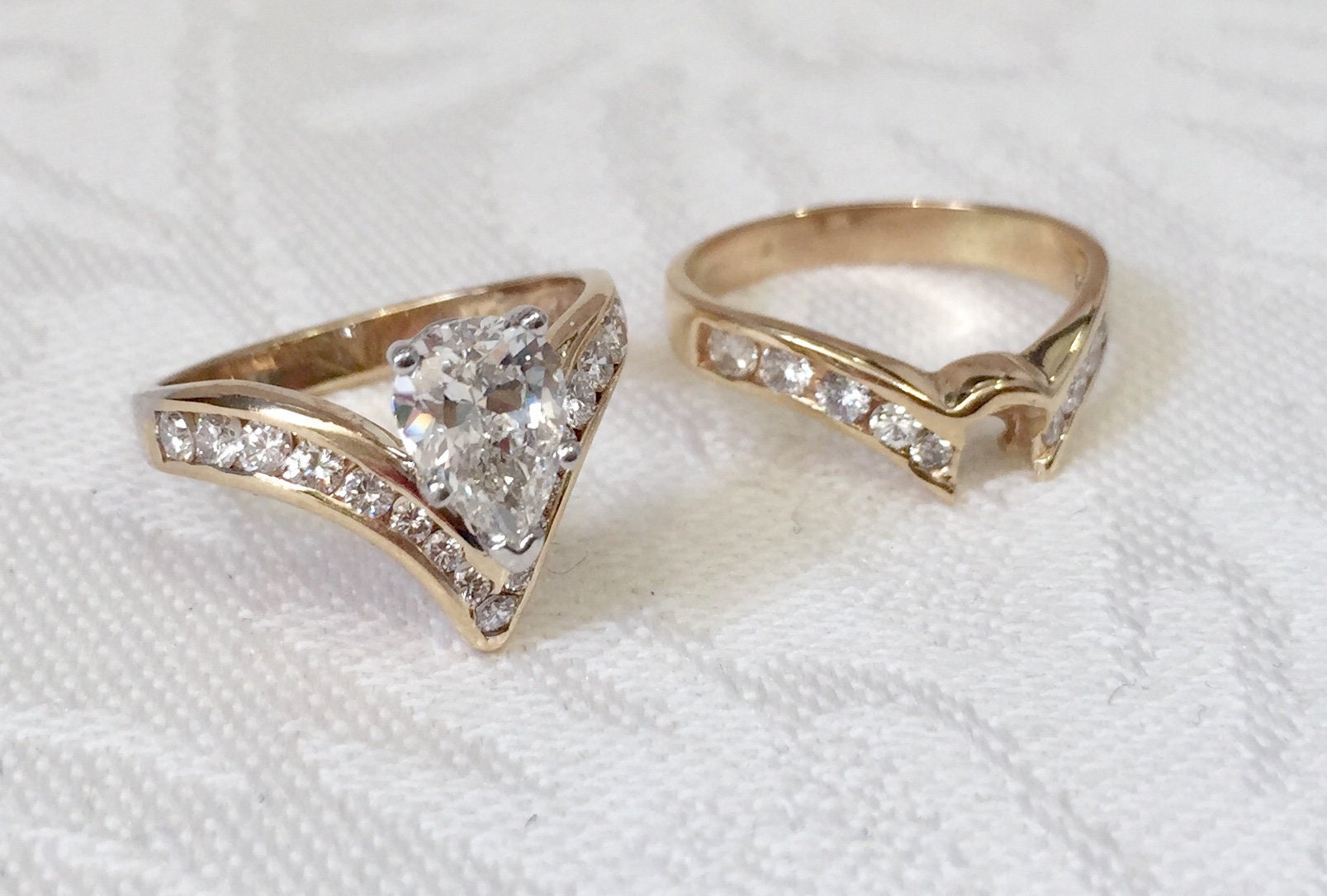 Vintage Pear Shape Diamond Engagement Ring Set 14K Yellow - Etsy