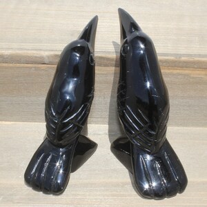 BLACK OBSIDIAN RAVEN Bird Figure Highly Polished Glossy Rock Stone Two ...