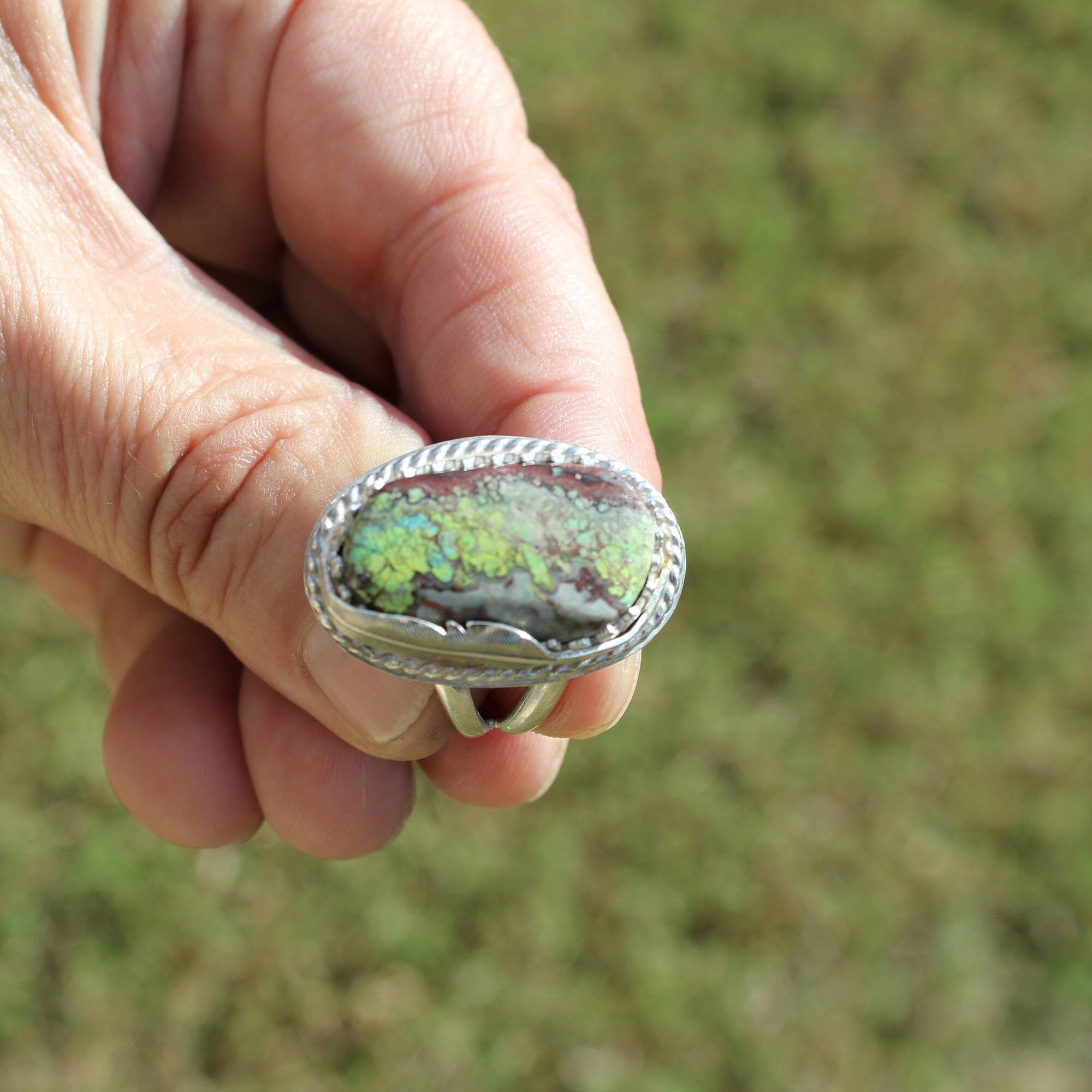 CONFETTI JASPER RING Size 8.5 Bright Green & Blue Cabochon | Etsy
