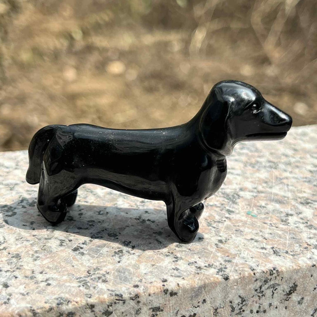 3" DACHSHUND WEINER DOG * Long Black Puppy, Rock Carving, Stone, Carved ...