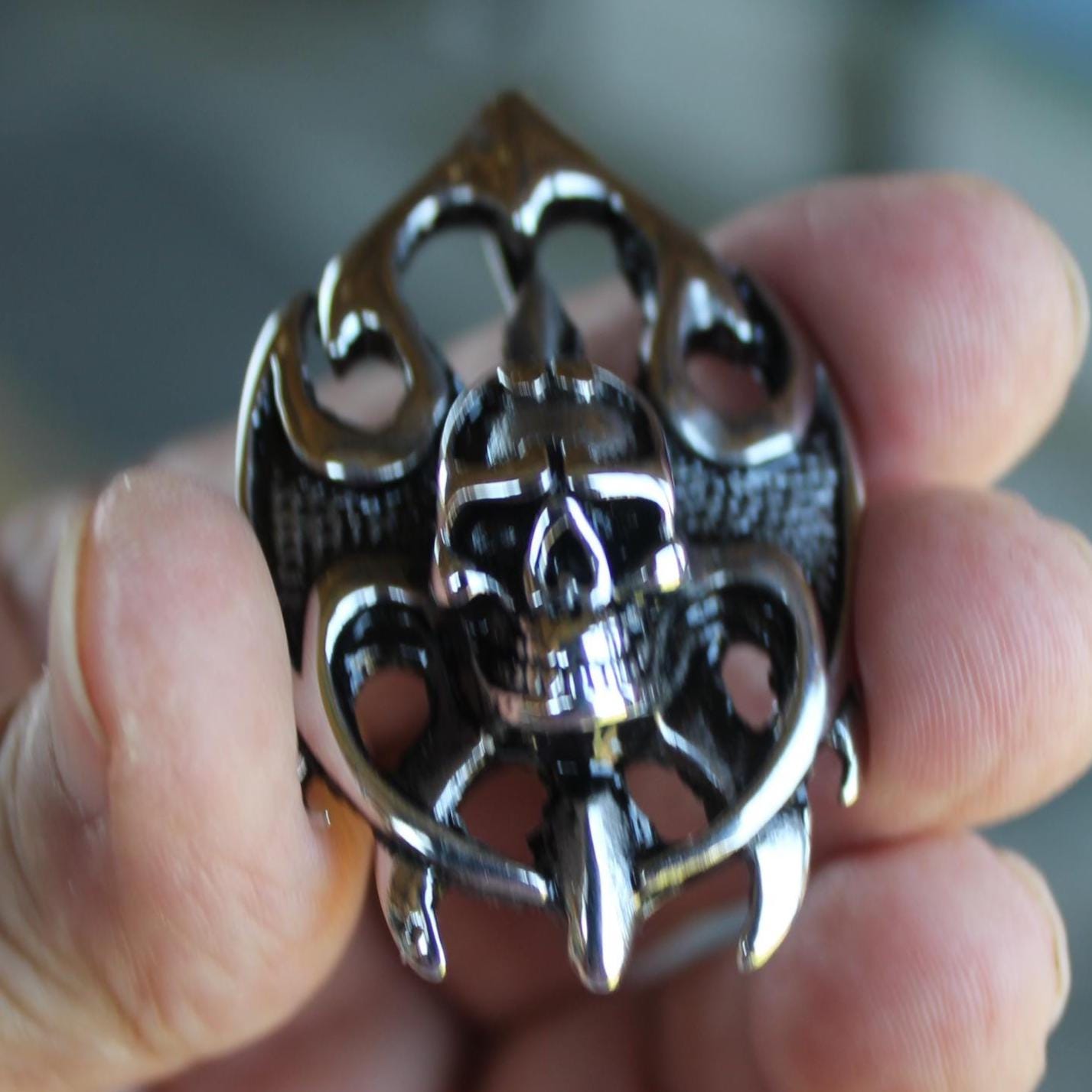 MEN'S SKULL PENDANT W/ Black Patina + Flames * Stainless Steel * Large ...