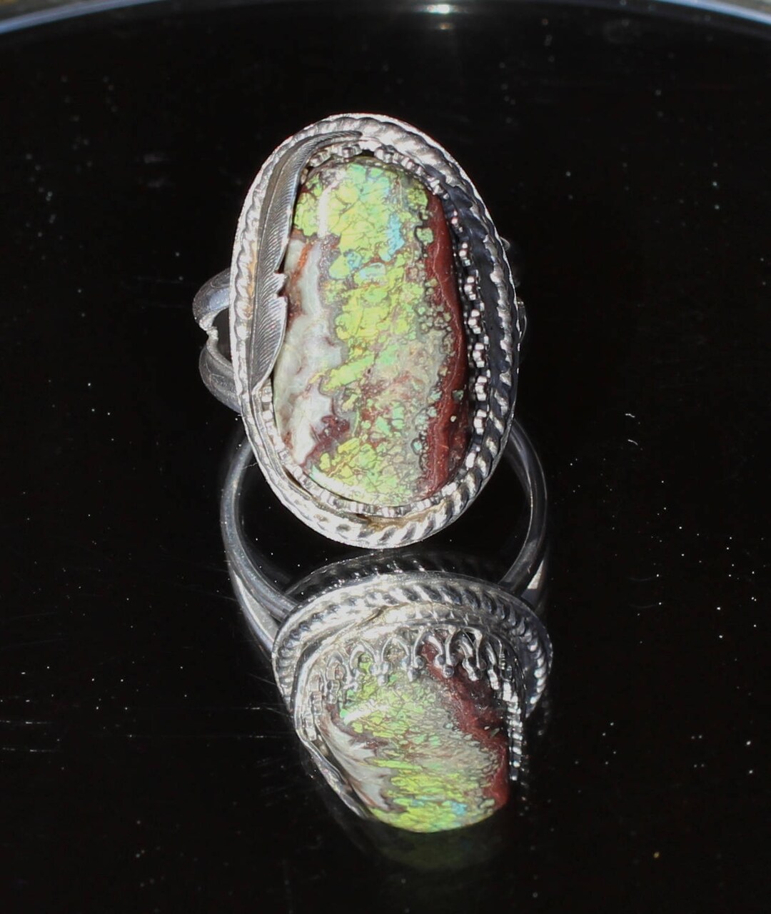 CONFETTI JASPER RING Size 8.5 * Bright Green & Blue Cabochon in Hand ...