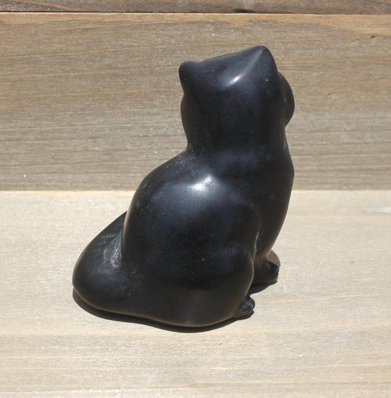 BLACK OBSIDIAN FLUFFY Cat Figure * Polished Kitty Rock Sitting Kitten ...