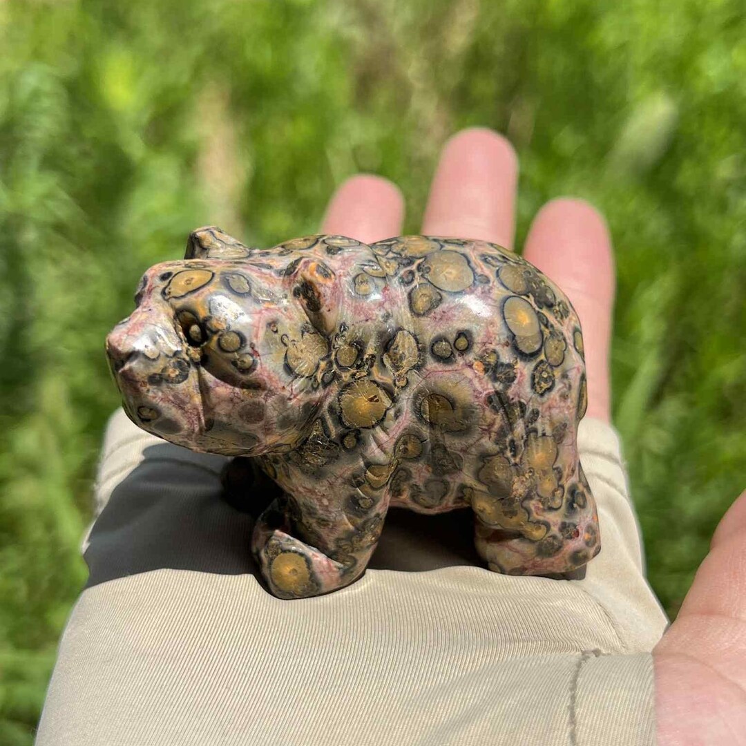 LEOPARD SKIN JASPER Bear Carving * Colorful Pink W/ Green Spots * Fat ...