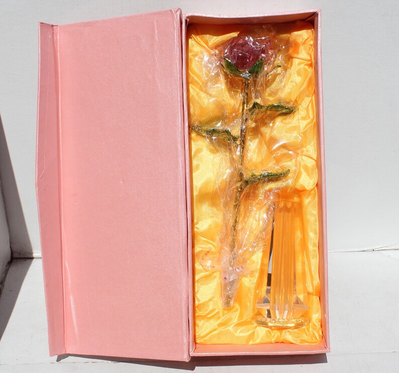 10" PINK GLASS ROSE Bud W/ Green Enamel + Rhinestone Leaves W/ Vase in ...