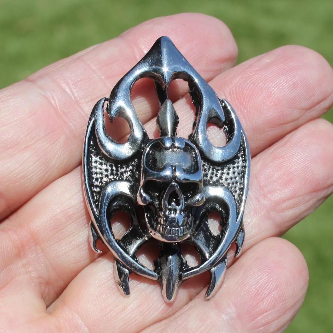 MEN'S SKULL PENDANT W/ Black Patina + Flames * Stainless Steel * Large ...