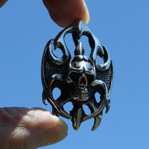 MEN'S SKULL PENDANT W/ Black Patina + Flames * Stainless Steel * Large ...