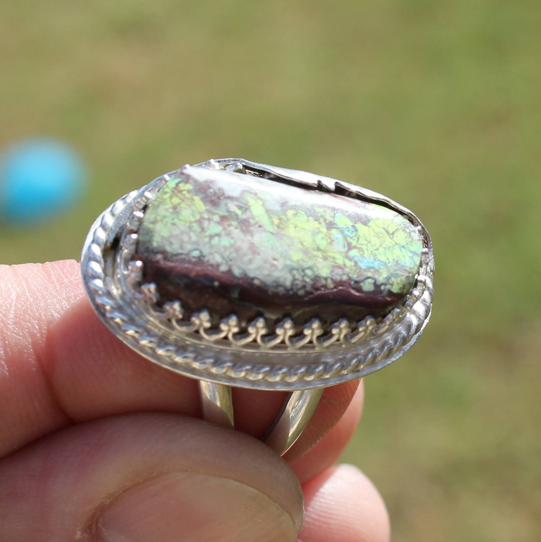 CONFETTI JASPER RING Size 8.5 Bright Green & Blue Cabochon | Etsy