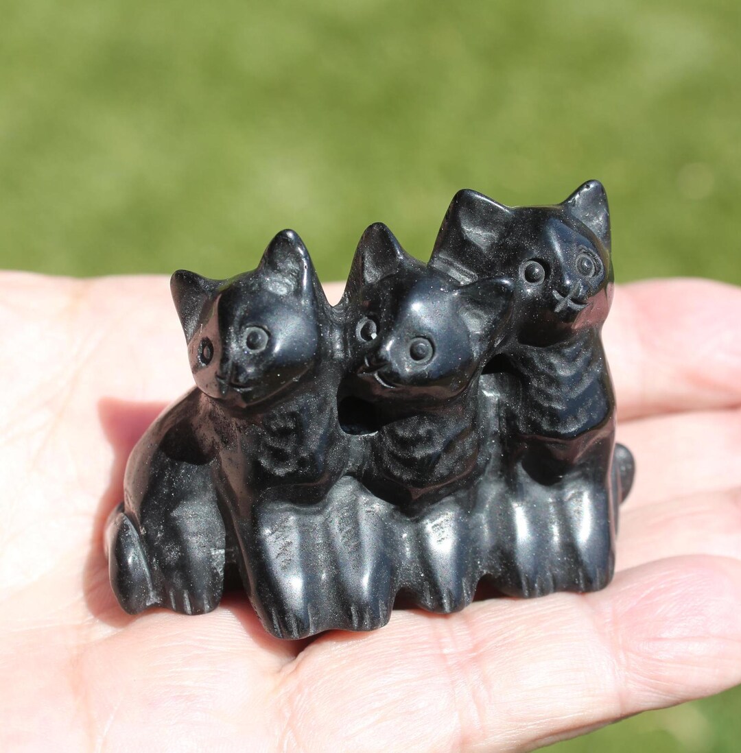 3 BLACK OBSIDIAN KITTENS Figure * Polished Kitty Rock Cat Stone Statue ...