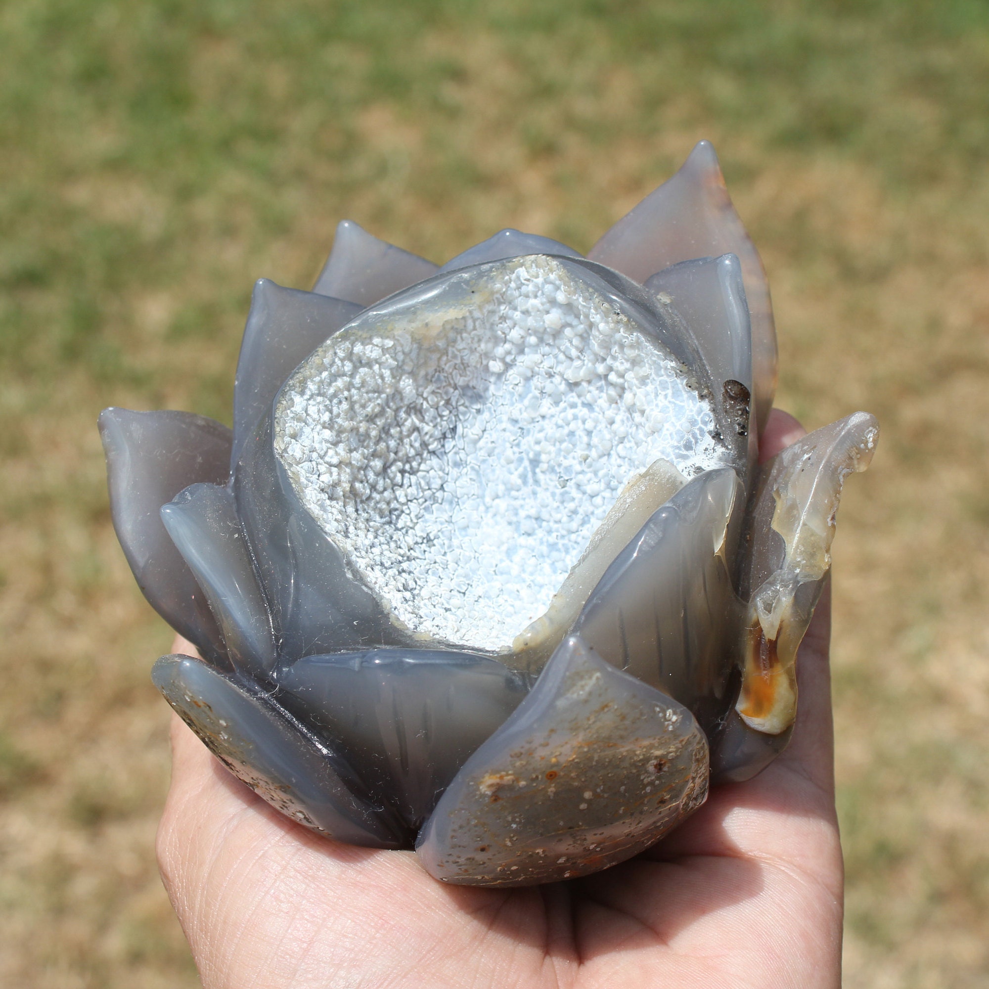 1.5 Pound AGATE LOTUS FLOWER Geode Display Figurine * Hand-carved Stone ...