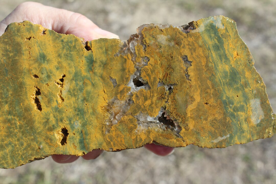 2.83# OCEAN JASPER Green & Yellow W/ Druzy Vugs, Faced Stone Rough, New ...