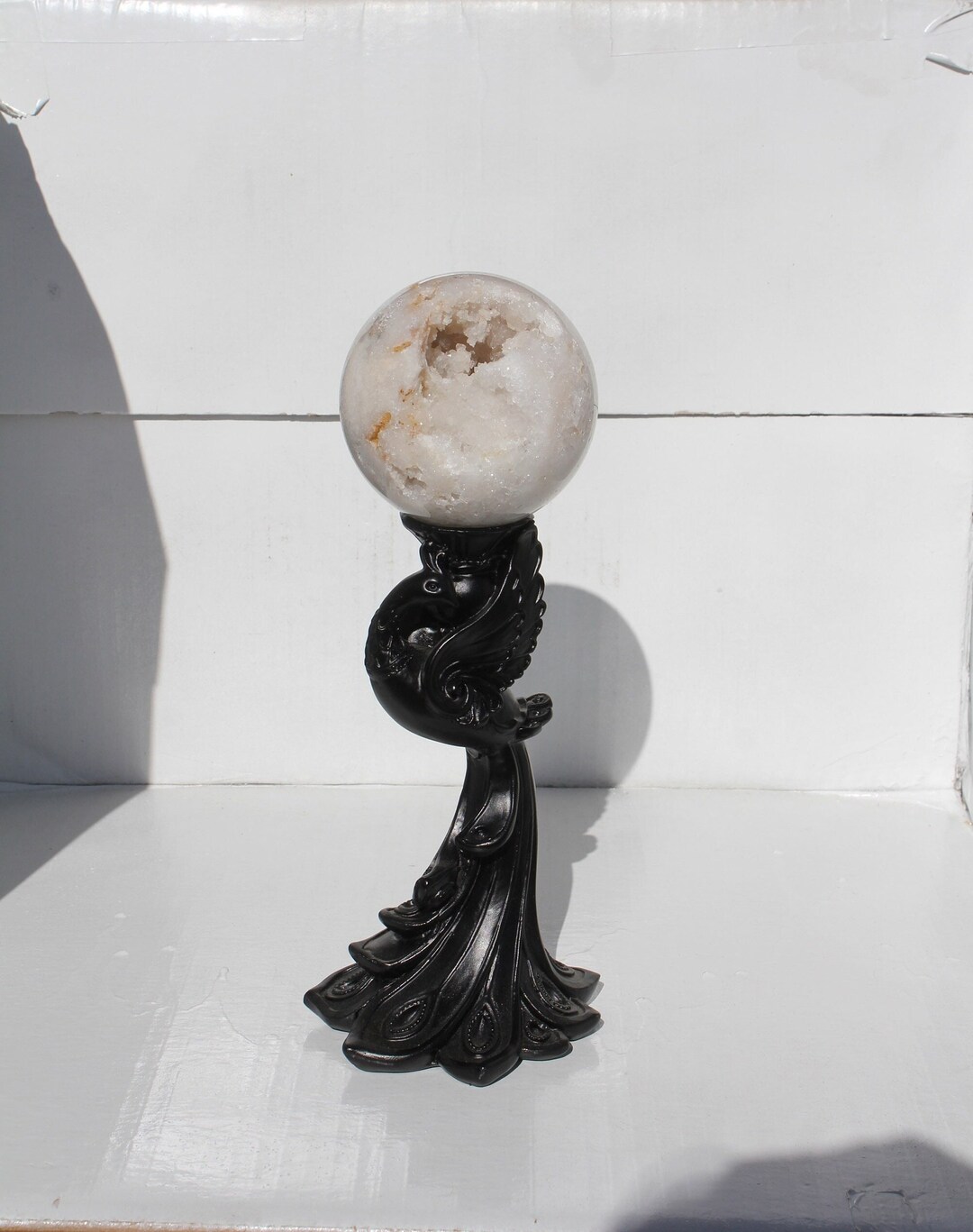 10.5" Tall PHOENIX STAND & SPHERE White Quartz Exposing Sparkly Crystal ...