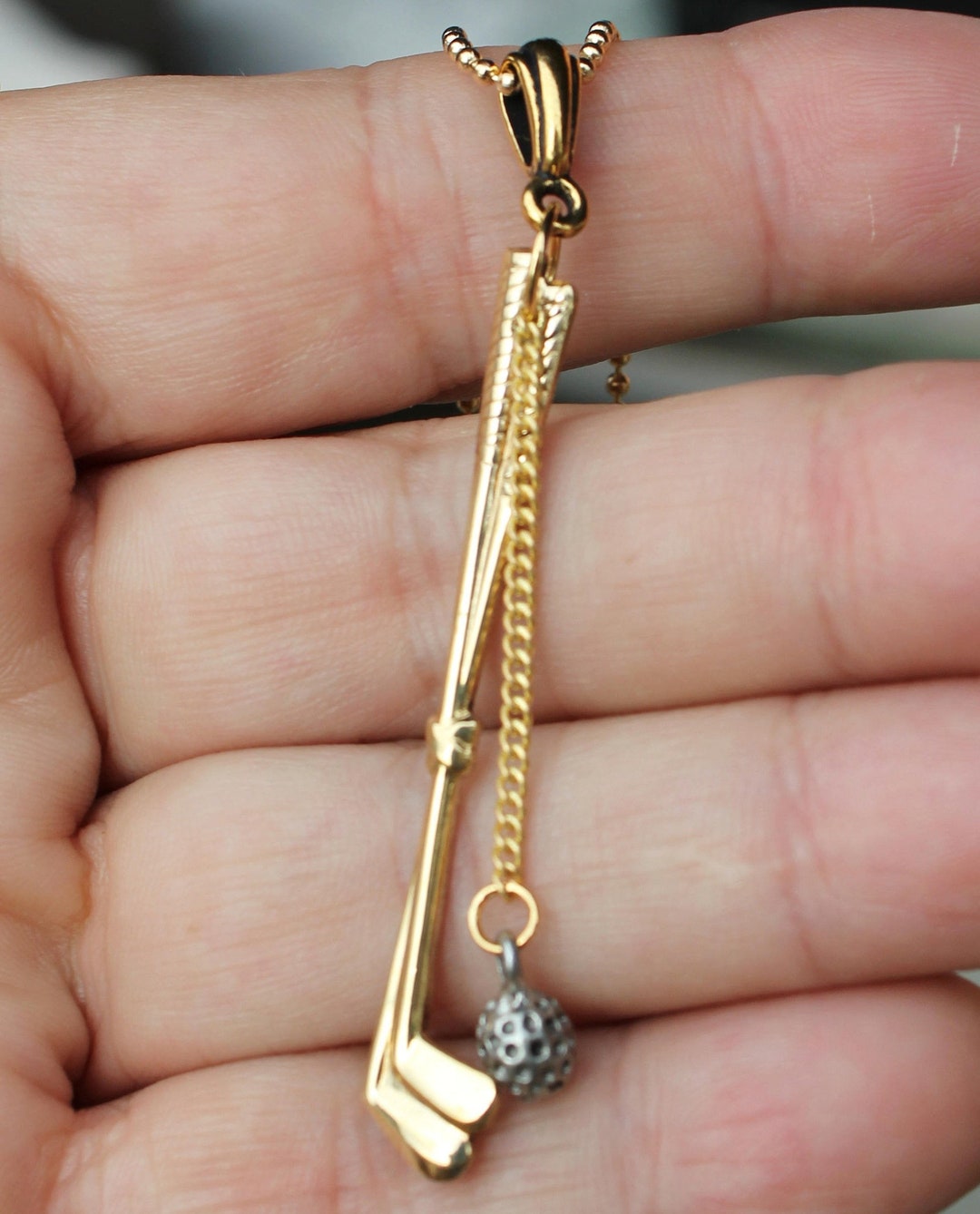 GOLF CLUB PENDANT W/ Moving Ball * Shiny Brass Clubs on Necklace W ...