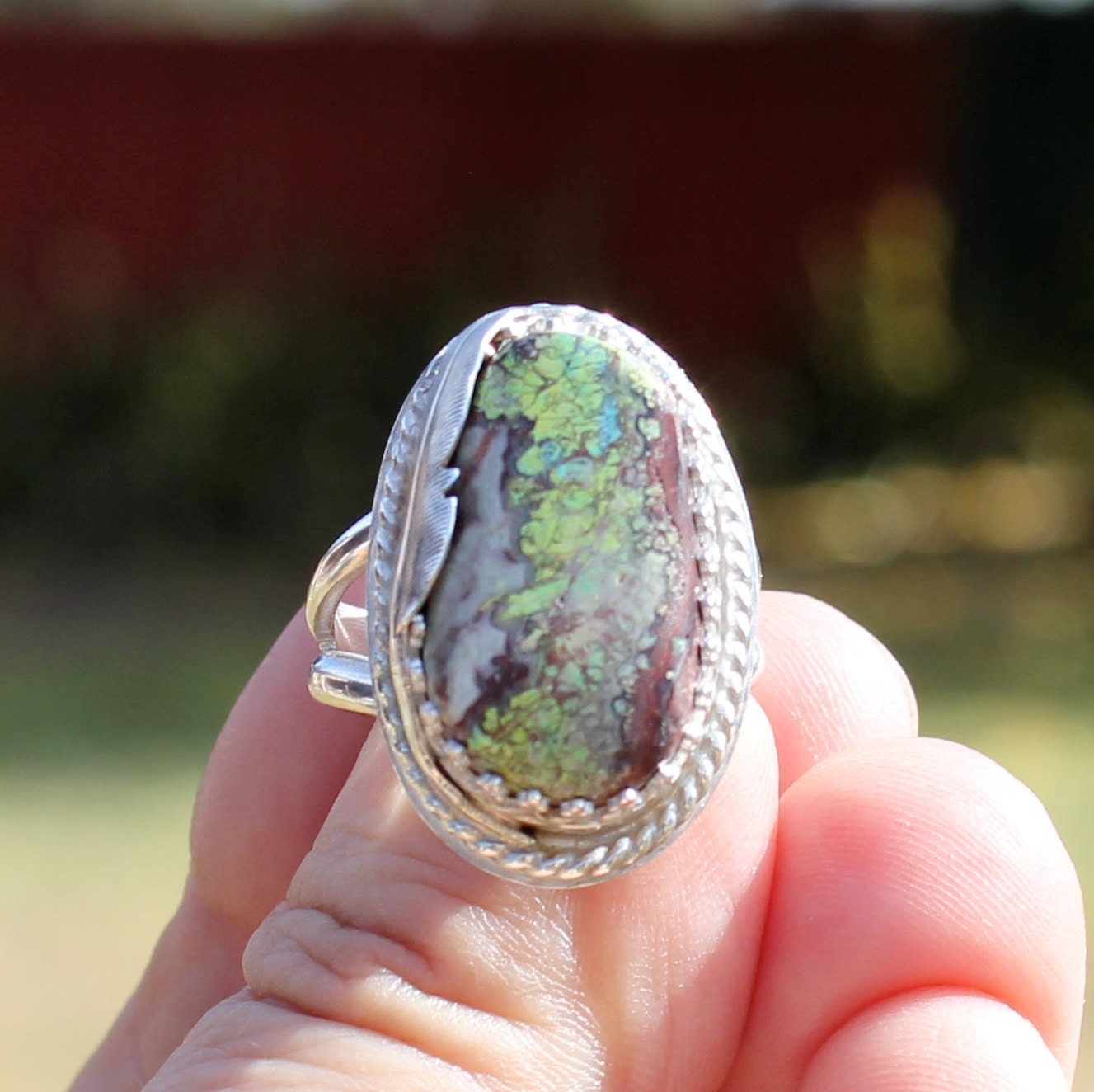 CONFETTI JASPER RING Size 8.5 Bright Green & Blue Cabochon | Etsy