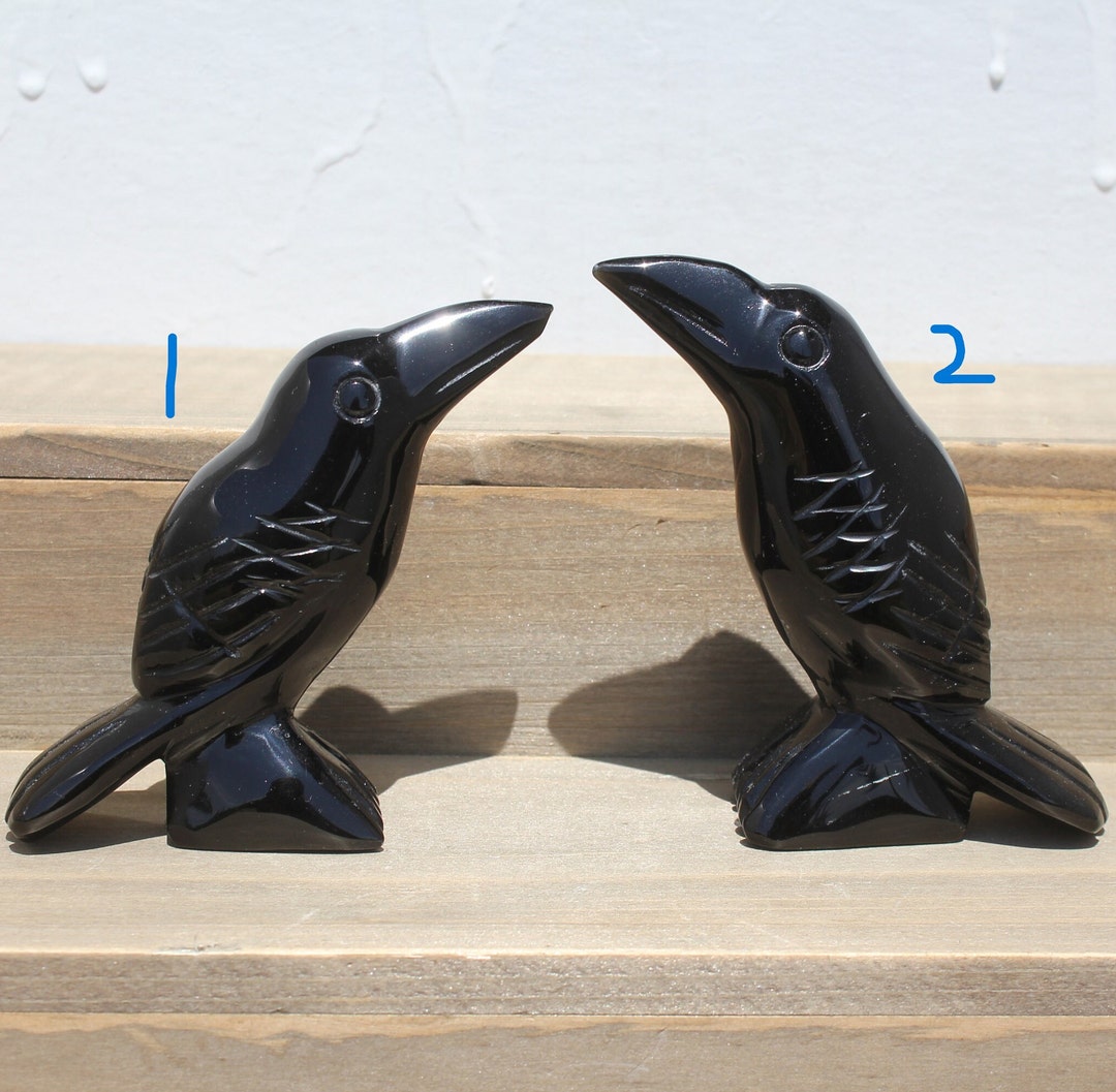 BLACK OBSIDIAN RAVEN Bird Figure * Highly Polished Glossy Rock Stone ...