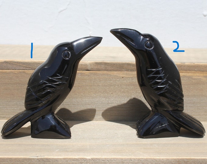 BLACK OBSIDIAN RAVEN Bird Figure * Highly Polished Glossy Rock Stone ...